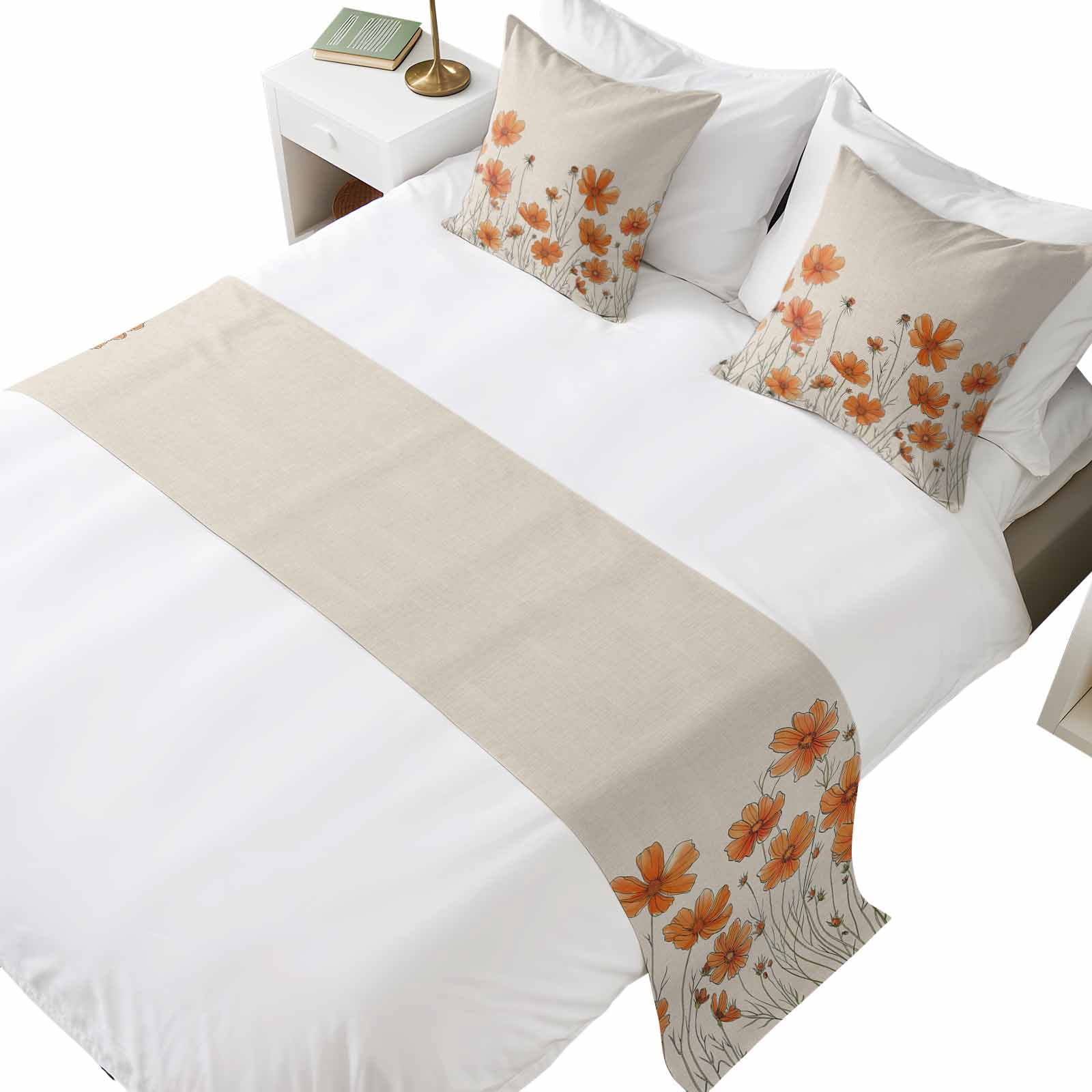 Bed Runner for King Size Bed, Orange Spring Floral 3 Pcs Bedding Runner ...