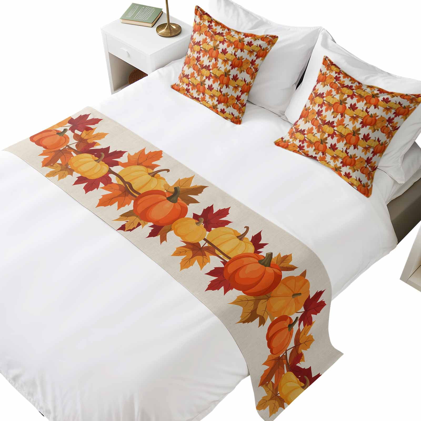 Bed Runner for King Size Bed, Orange Yellow Pumpkin Fall Decorative ...