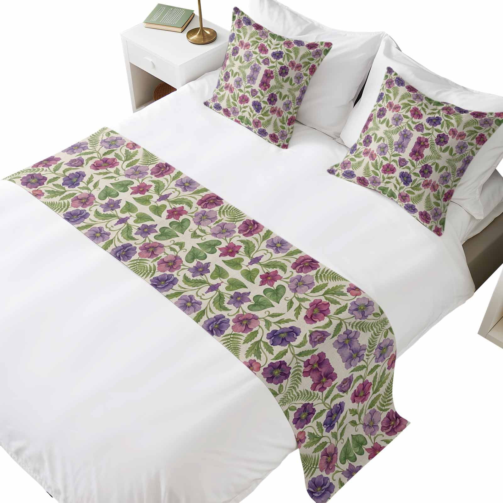 Bed Runner for King Size Bed, Purple Green Botanical Decorative Beds ...