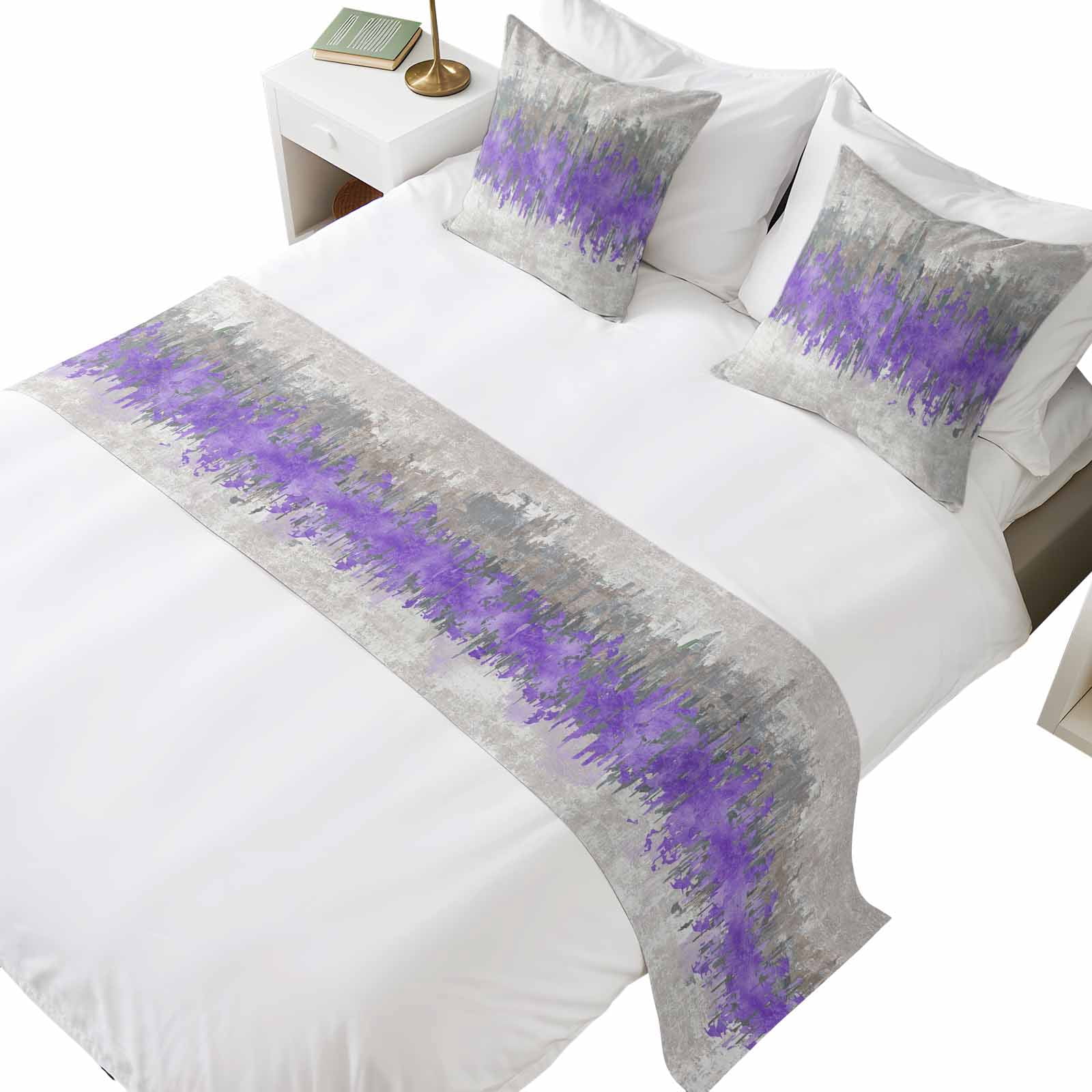 Bed Runner for King Size Bed, Purple Grey Abstract 3 Pcs Bedding Runner ...