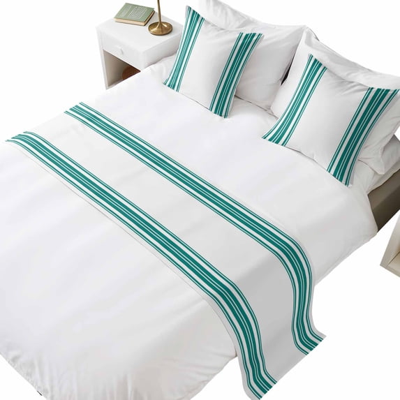 Bed Runner for King Size Bed, Teal Striped 3 Pcs Bedding Runner Set - 1 ...