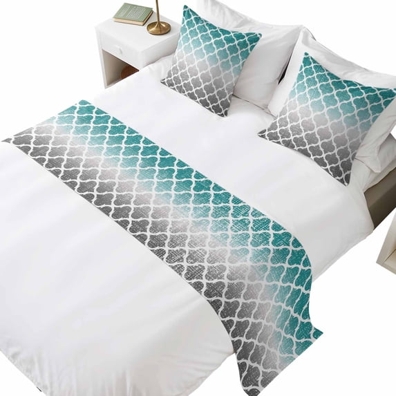 Bed Runner for King Size Bed, Teal White Grey Ombre Morocco Pattern 3 ...