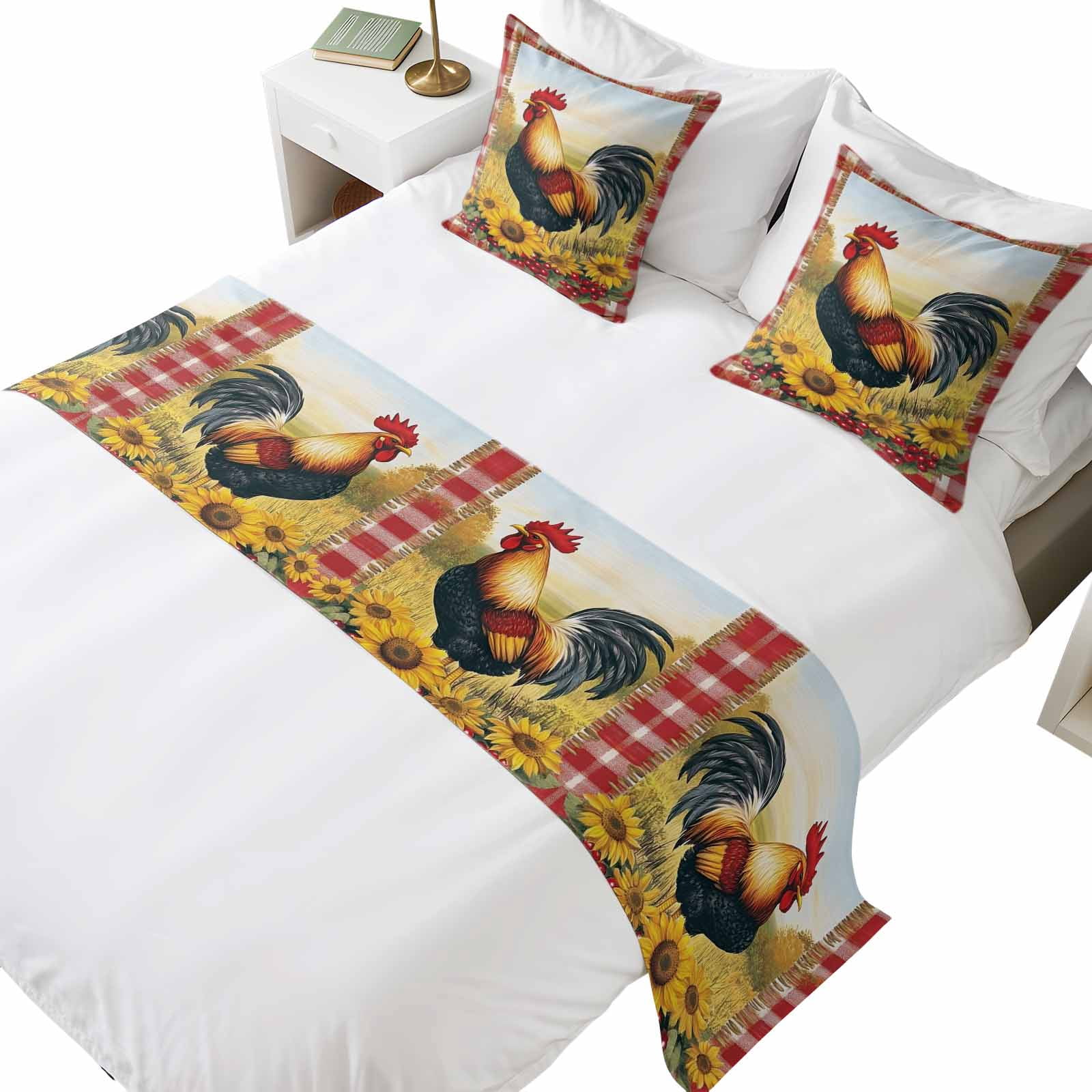 Bed Runner for King Size Bed, Vintage Rooster 3 Pcs Bedding Runner Set ...