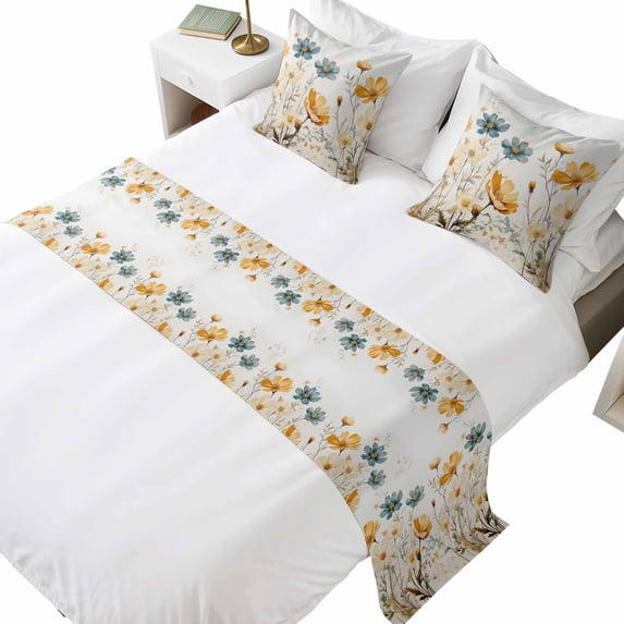 Bed Runner for King Size Bed, Yellow Blue Spring Floral 3 Pcs Bedding ...