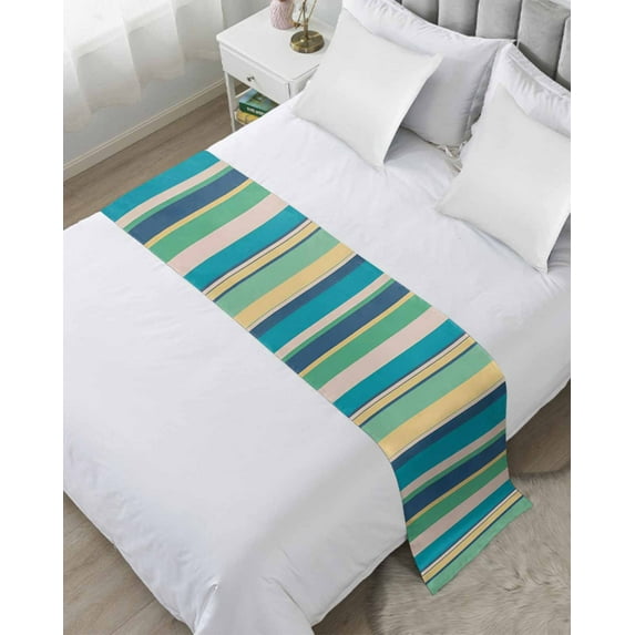 Bed Runner for King Size, Blue Green Yellow Striped Decorative Scarf ...
