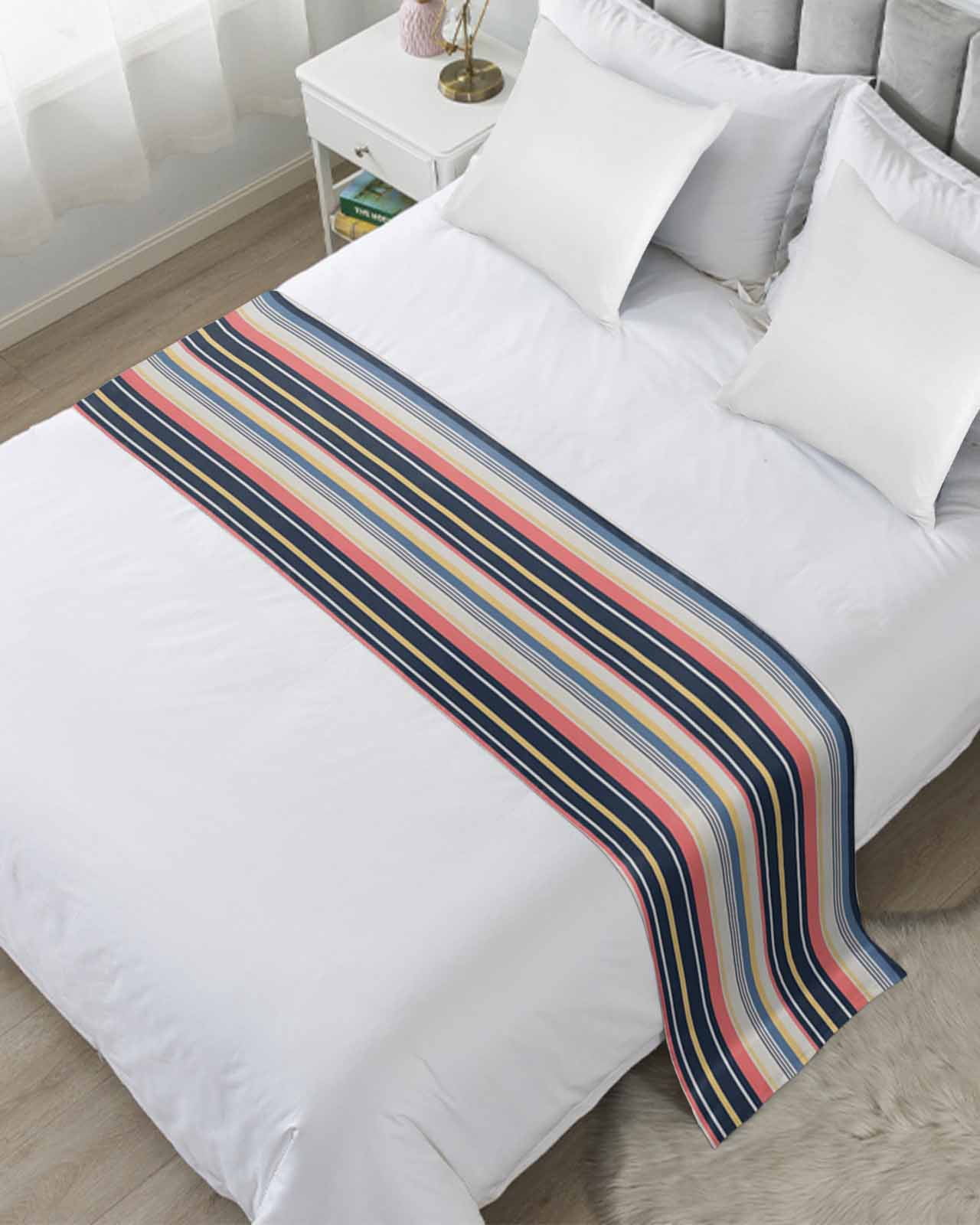 Bed Runner for King Size, Blue Red Yellow Striped Decorative Scarf ...