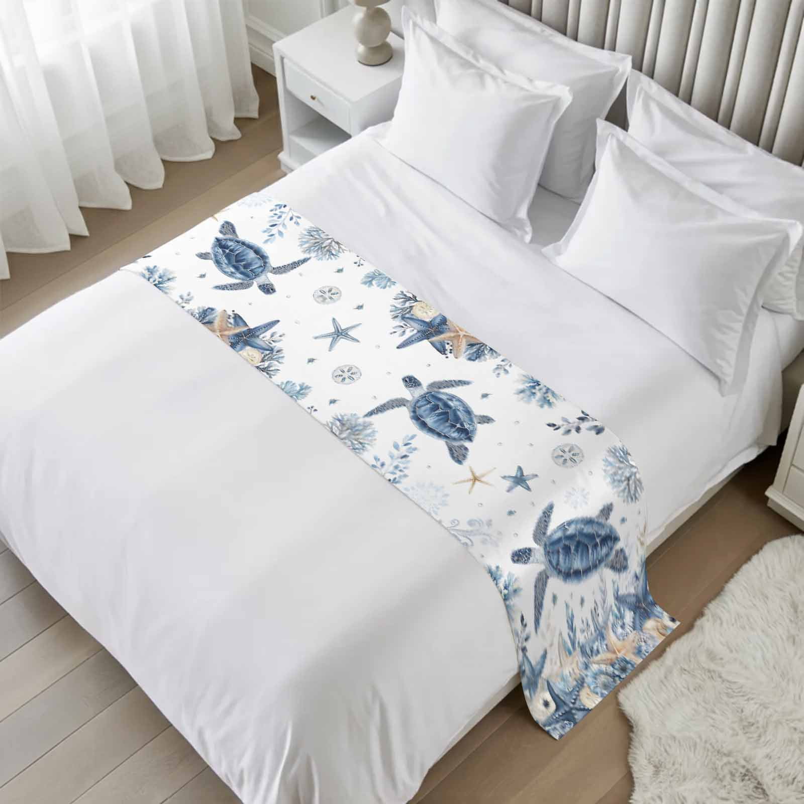 Bed Runner for King Size, Blue Turtle Coastal Decorative Scarf Throws ...