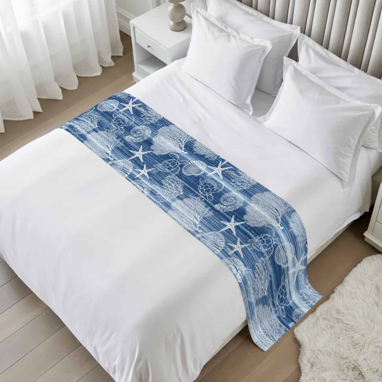 Bed Runner for King Size, Navy Blue Coastal Decorative Scarf Throws for ...