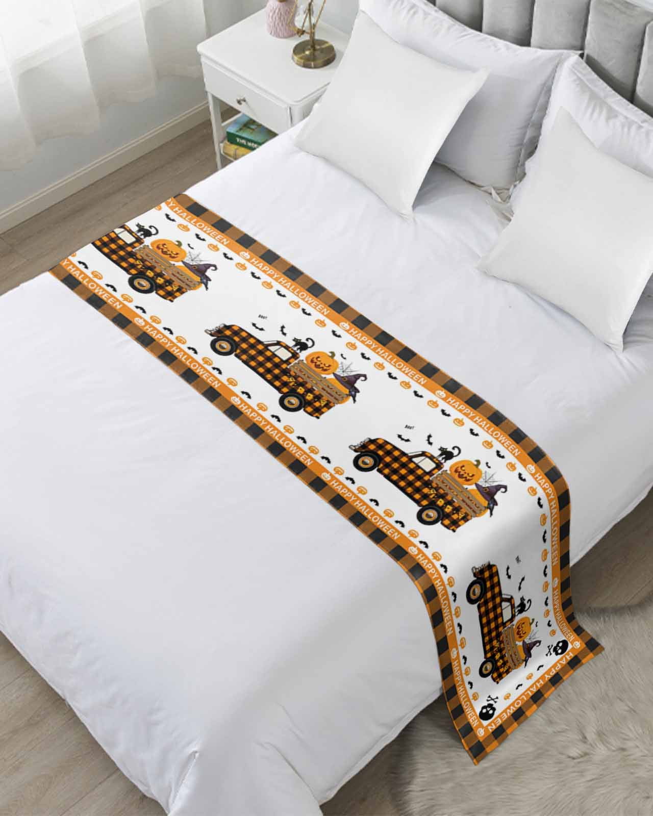 Bed Runner for King Size, Orange Halloween Decorative Scarf Throws for ...