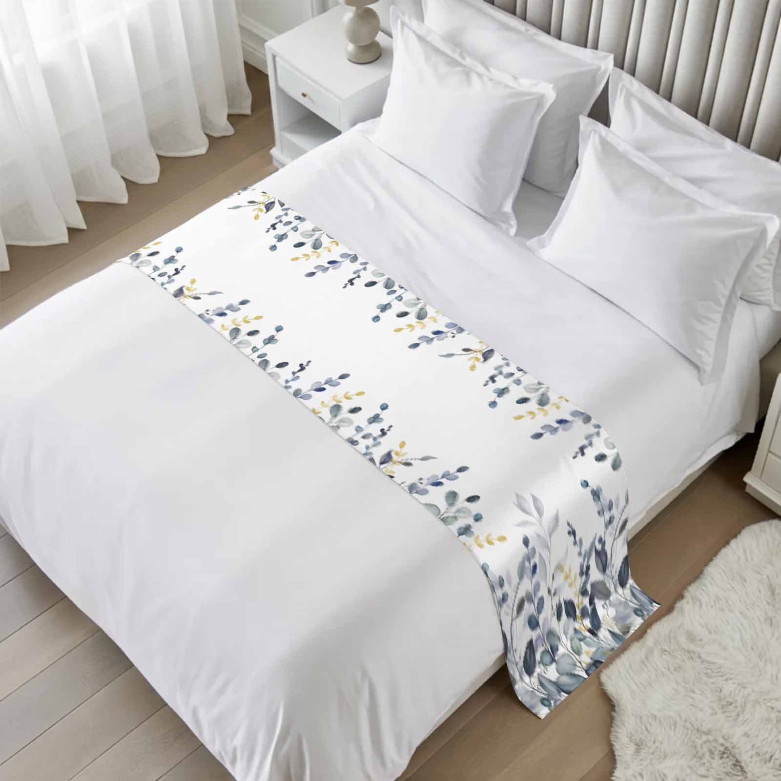Bed Runner Lake Blue Eucalyptus Leaves Bedding Scarves Soft Decorative ...