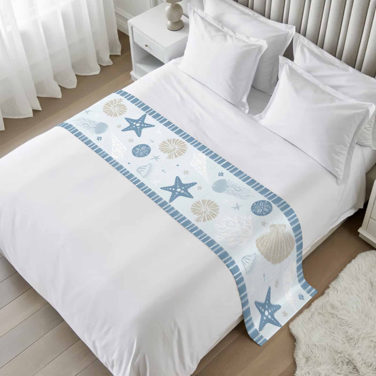 Bed Runner Light Blue Starfish Shell Bedding Scarves Soft Decorative ...