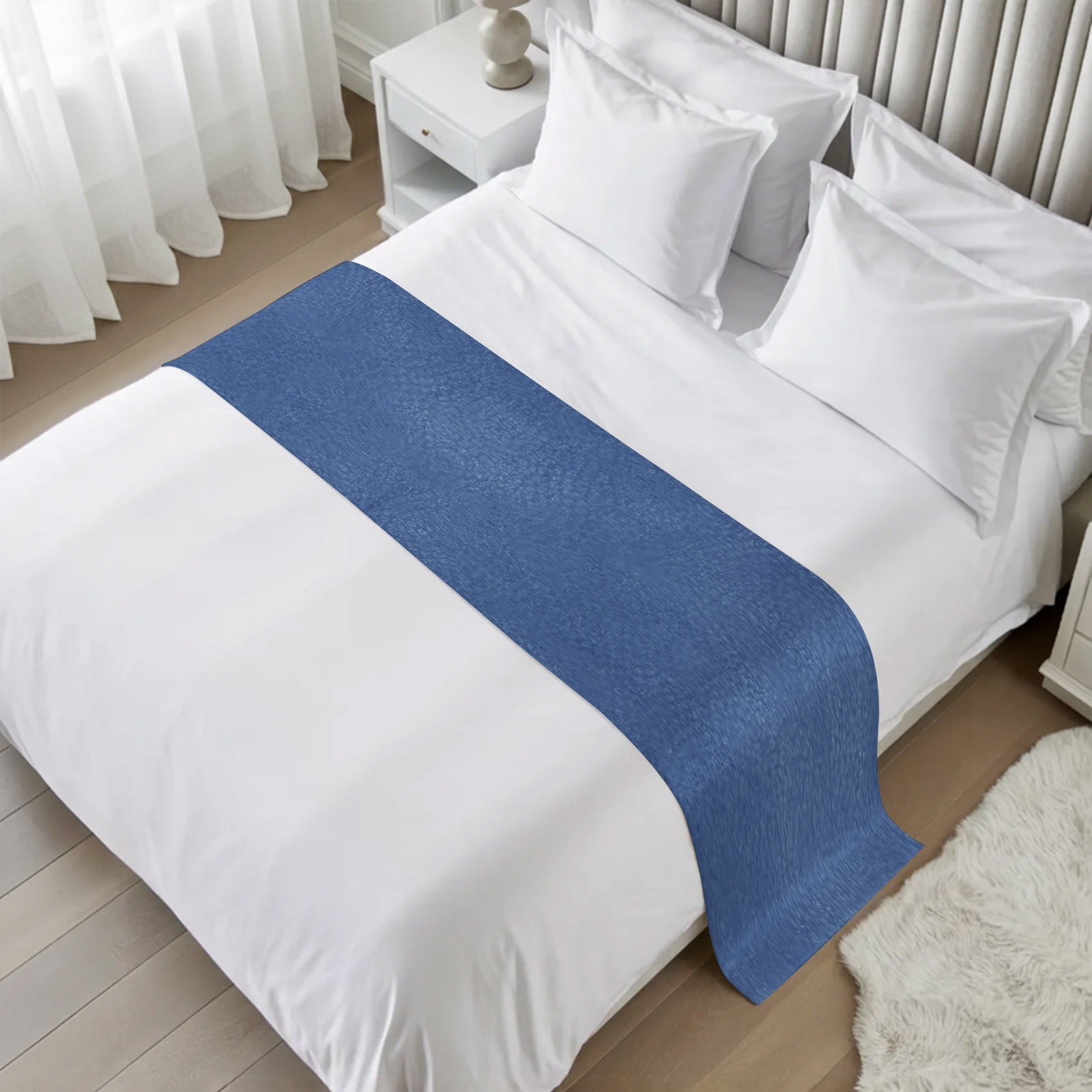 Bed Runner Navy Blue Organic Texture Bedding Scarves Soft Decorative ...