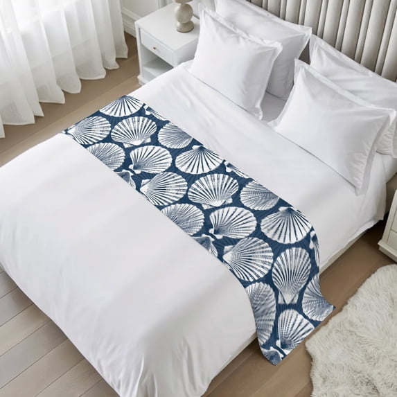 Bed Runner Navy Blue Sea Shell Bedding Scarves Soft Decorative Bed Flag ...