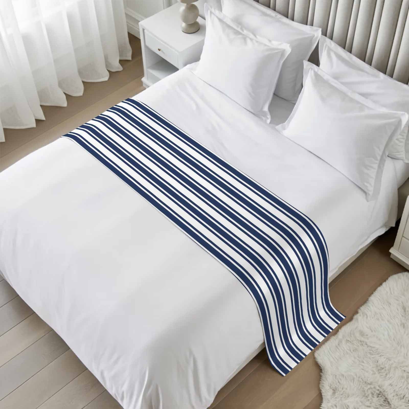 Bed Runner Navy Blue Striped Bedding Scarves Soft Decorative Bed Flag ...