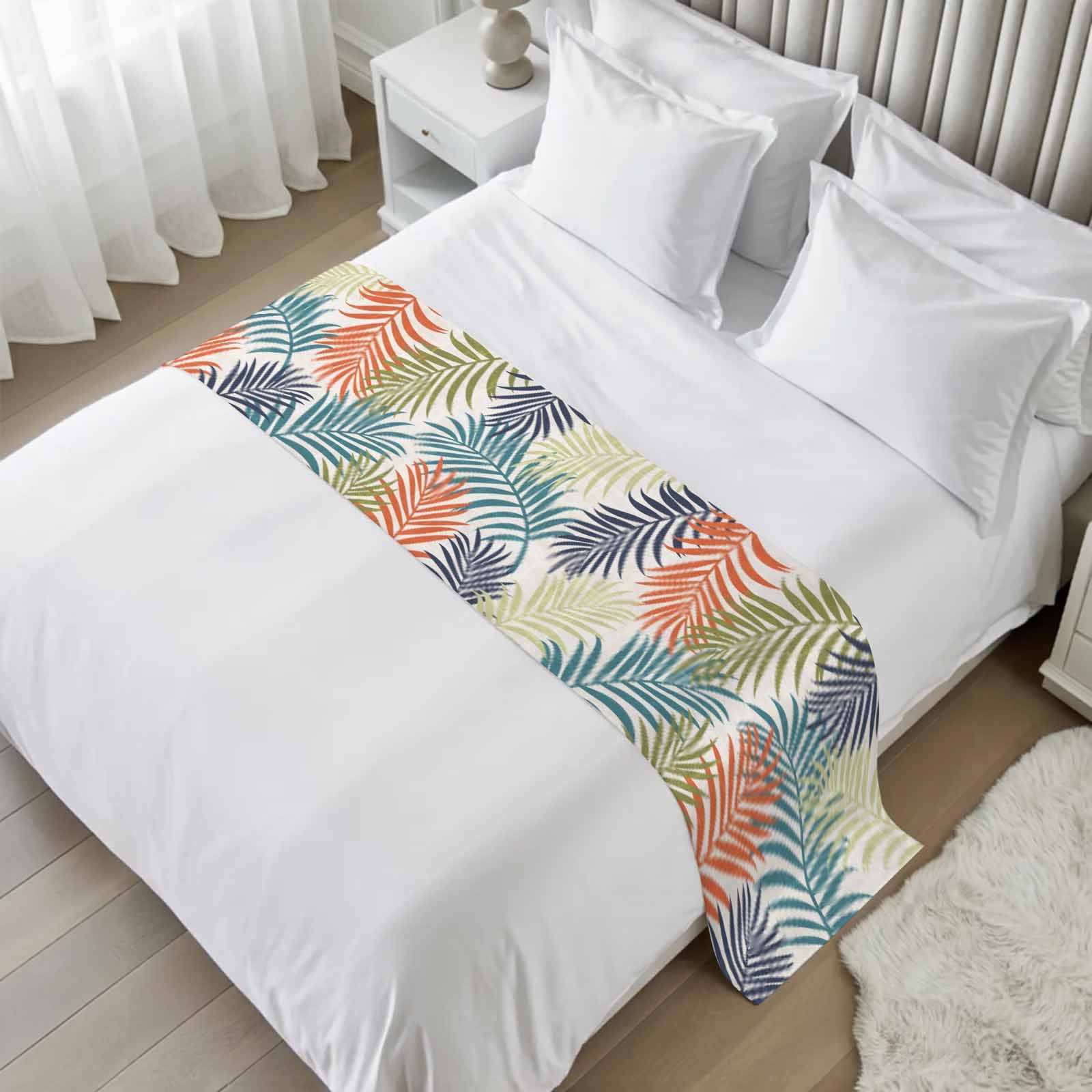 Bed Runner Orange Blue Palm Leaves Bedding Scarves Soft Decorative Bed ...