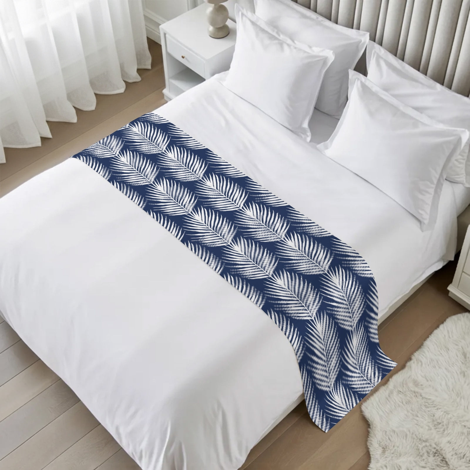 Bed Runner Palm Leaves Bedding Scarves Soft Decorative Bed Flag Navy ...