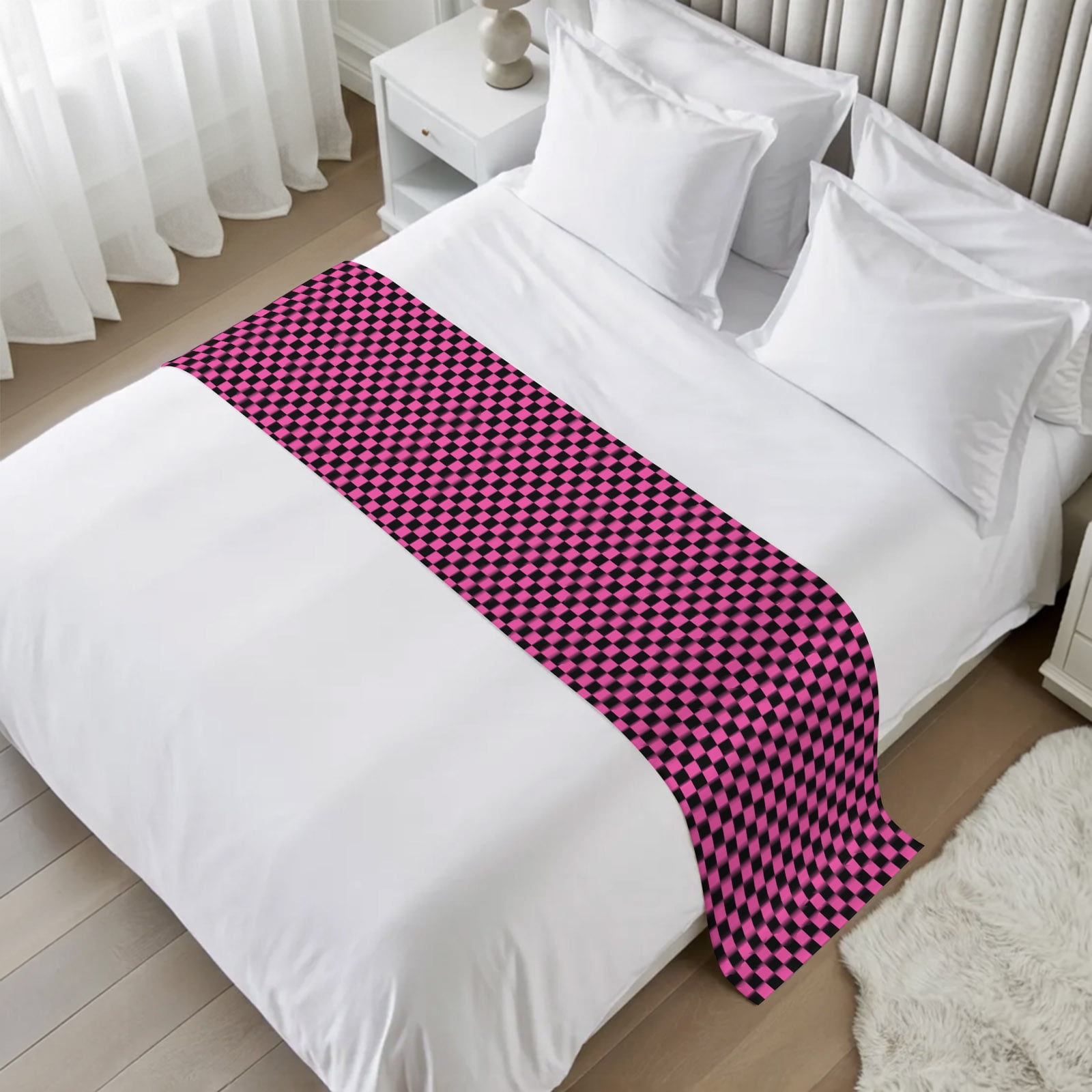 Bed Runner Pink Black Chessboard Bedding Scarves Soft Decorative Bed ...
