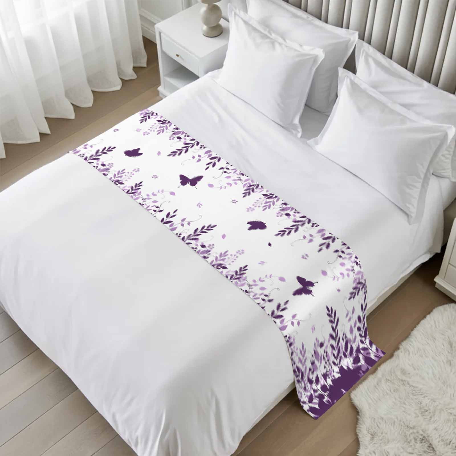 Bed Runner Purple Leaves Branches Bedding Scarves Soft Decorative Bed ...