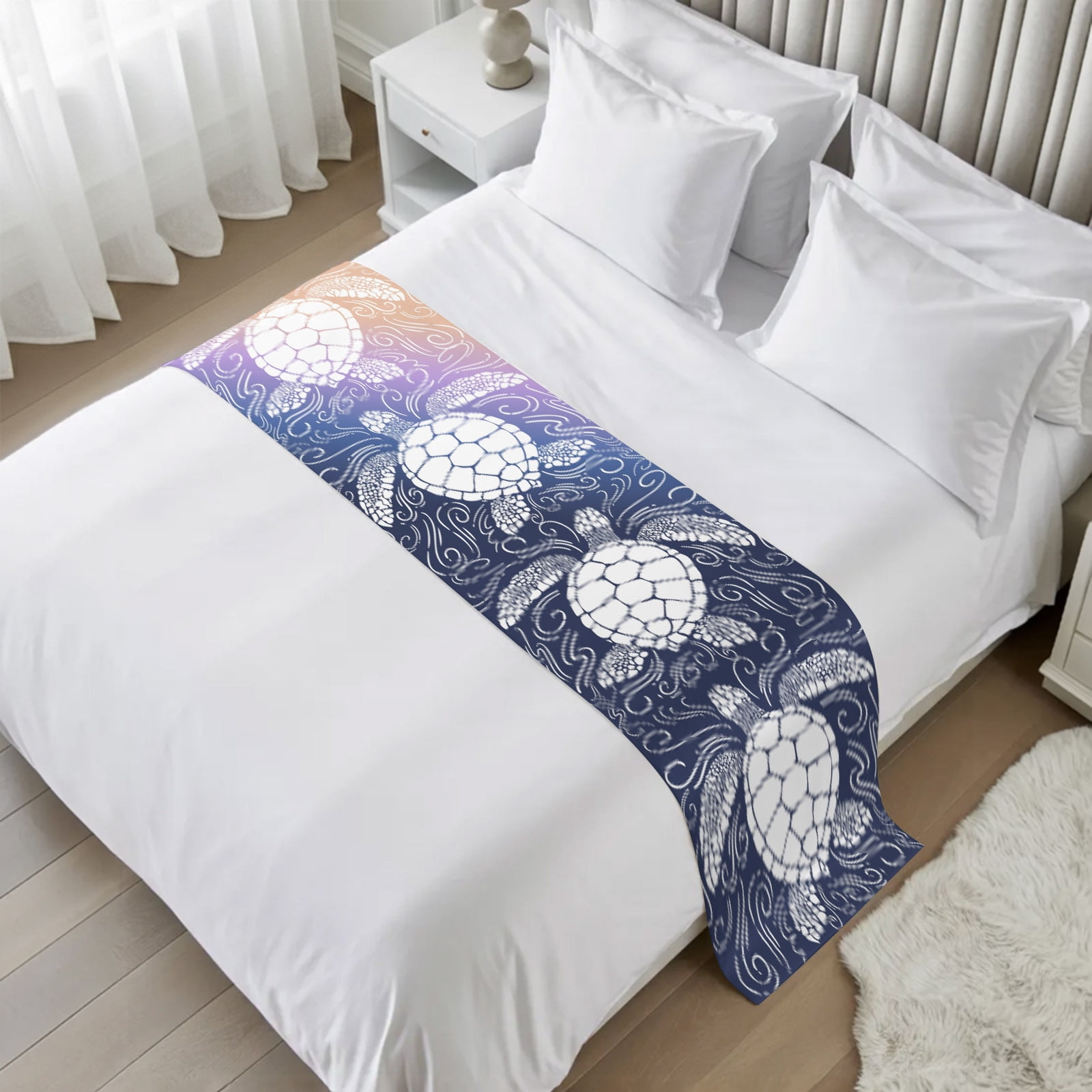 Bed Runner Purple Sea Turtle Bedding Scarves Soft Decorative Bed Flag ...