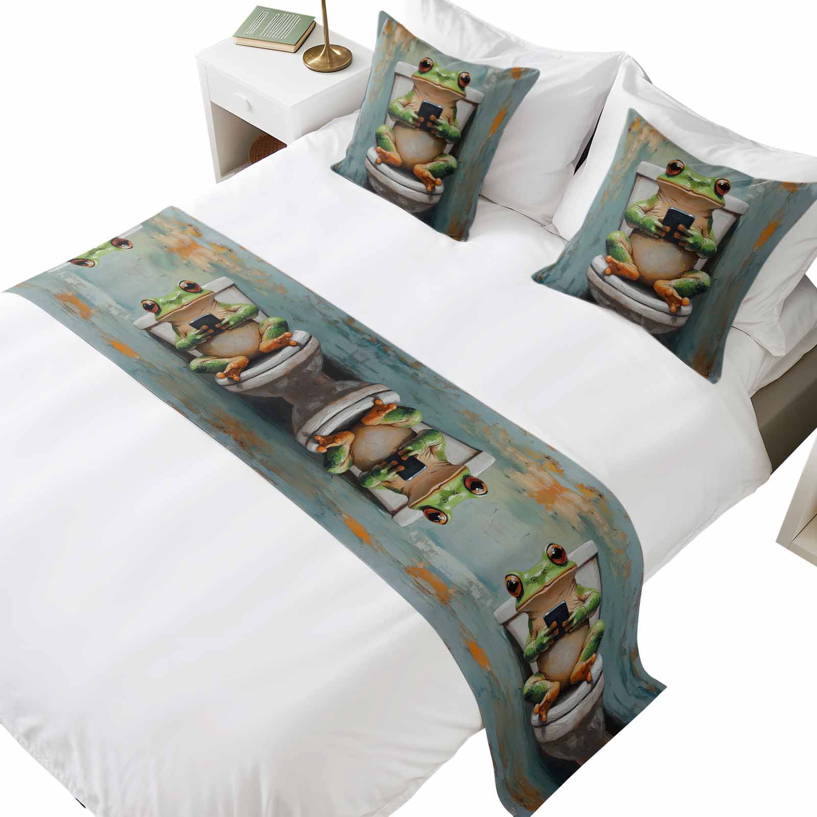 Bed Runner for Queen Size Bed, Bathroom Frog 3 Pcs Bedding Runner Set ...