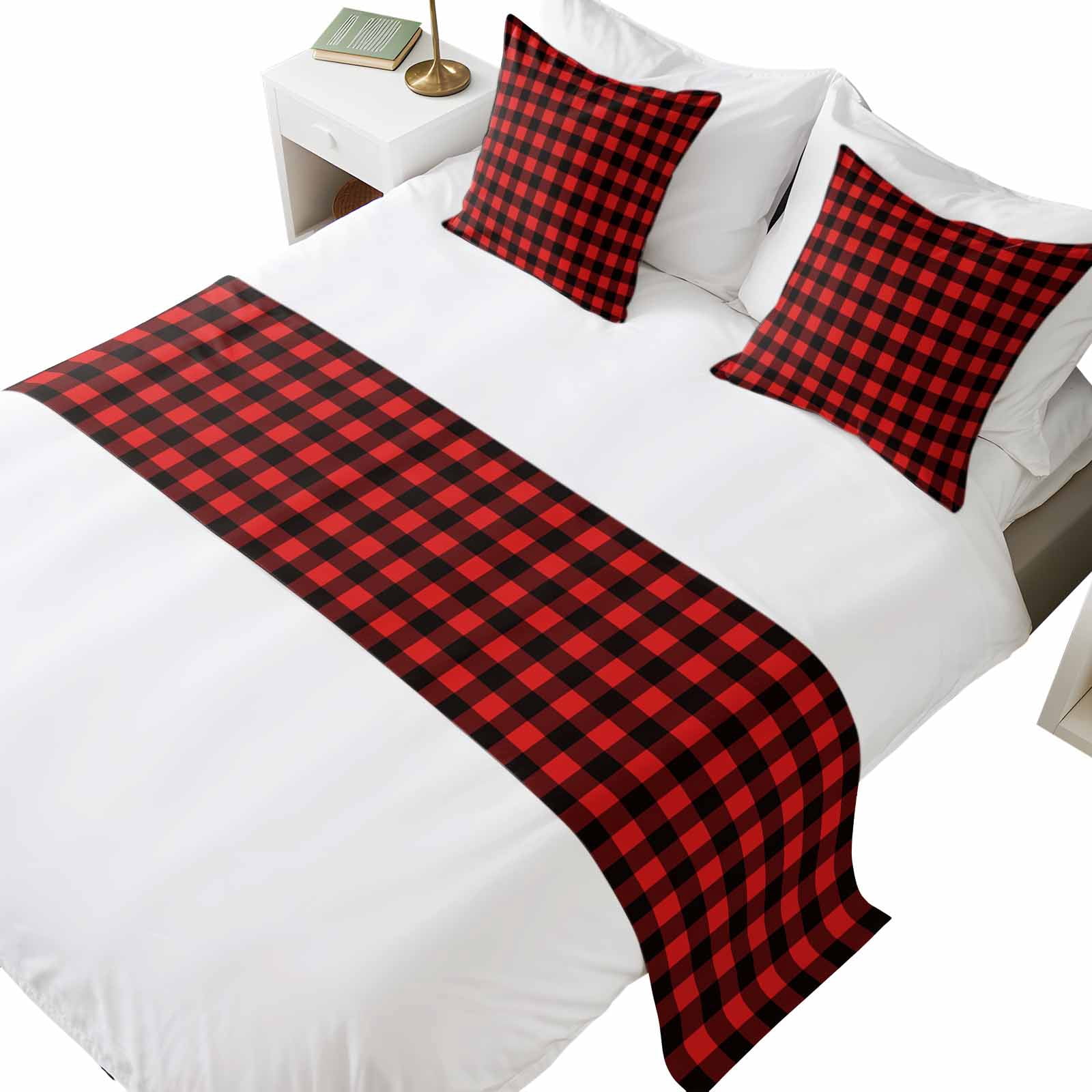 Bed Runner for Queen Size Bed, Black Red Plaid 3 Pcs Bedding Runner Set ...