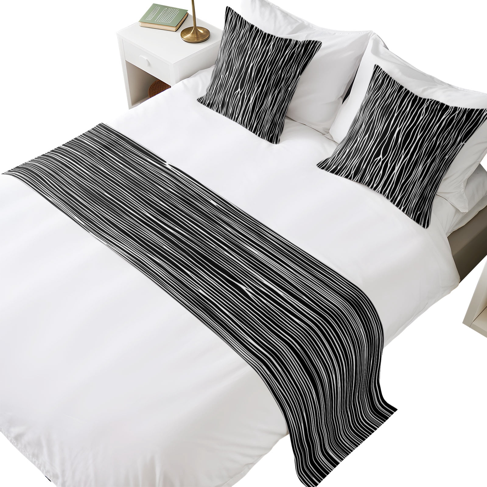 Bed Runner for Queen Size Bed, Black Striped 3 Pcs Bedding Runner Set ...