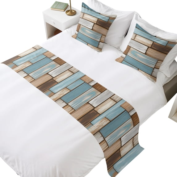 Bed Runner for Queen Size Bed, Blue Beige Brown Vintage 3 Pcs Bedding ...