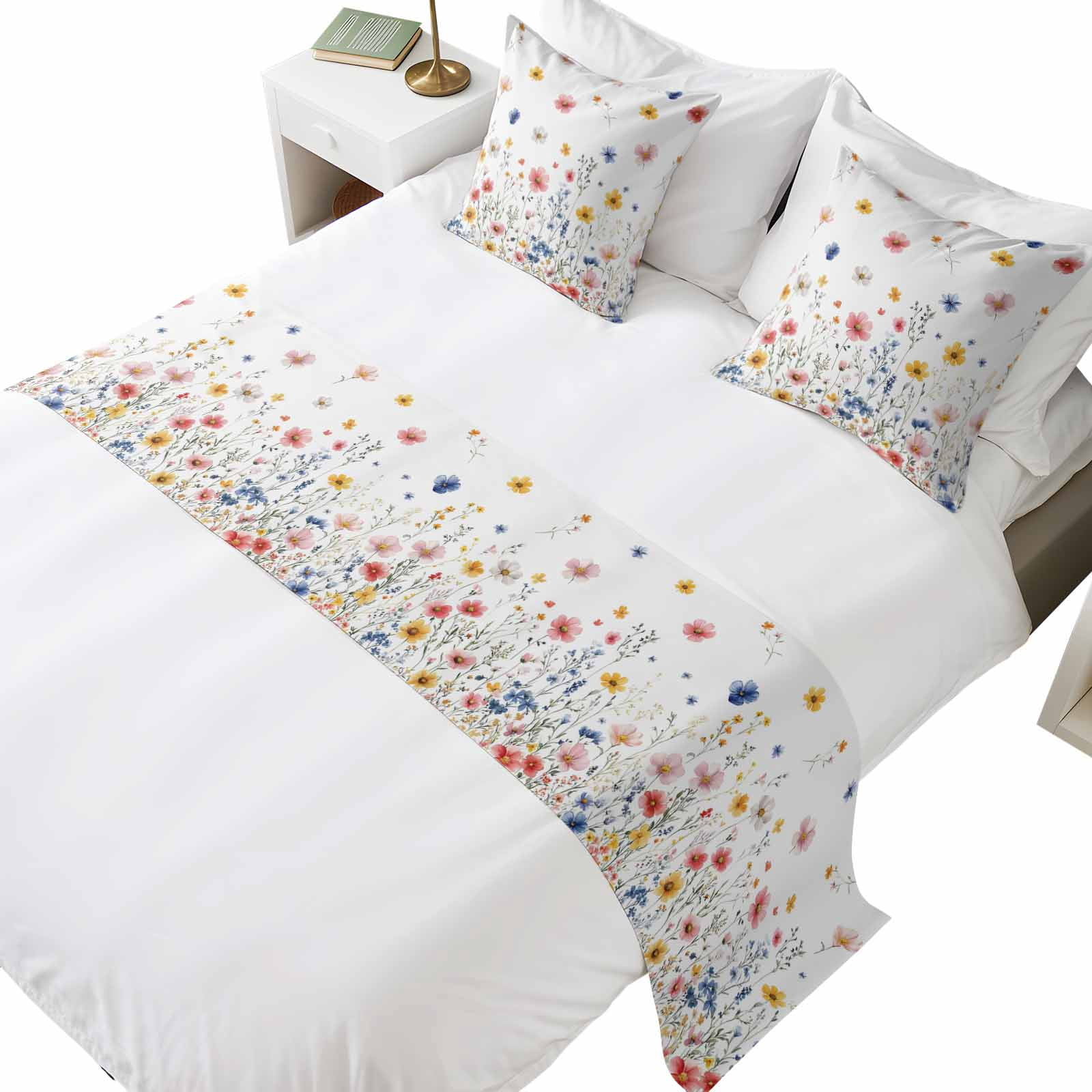 Bed Runner for Queen Size Bed, Blue Flowers 3 Pcs Bedding Runner Set ...