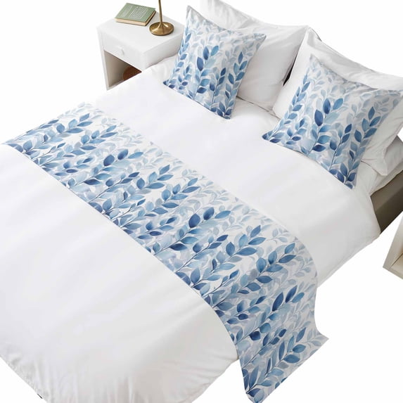Bed Runner for Queen Size Bed, Blue Leaf 3 Pcs Bedding Runner Set - 1 ...