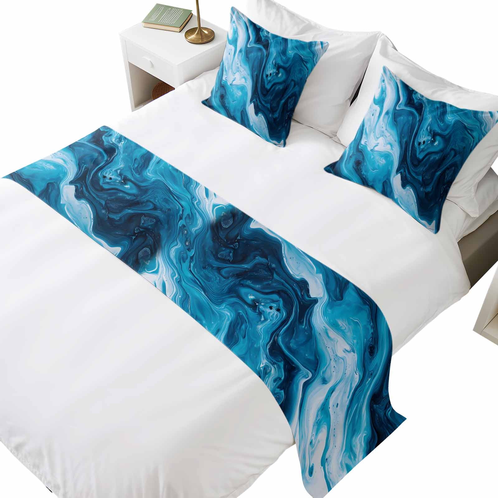Bed Runner for Queen Size Bed, Blue Marble 3 Pcs Bedding Runner Set - 1 ...