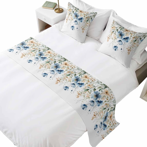 Bed Runner for Queen Size Bed, Blue Spring Floral 3 Pcs Bedding Runner ...