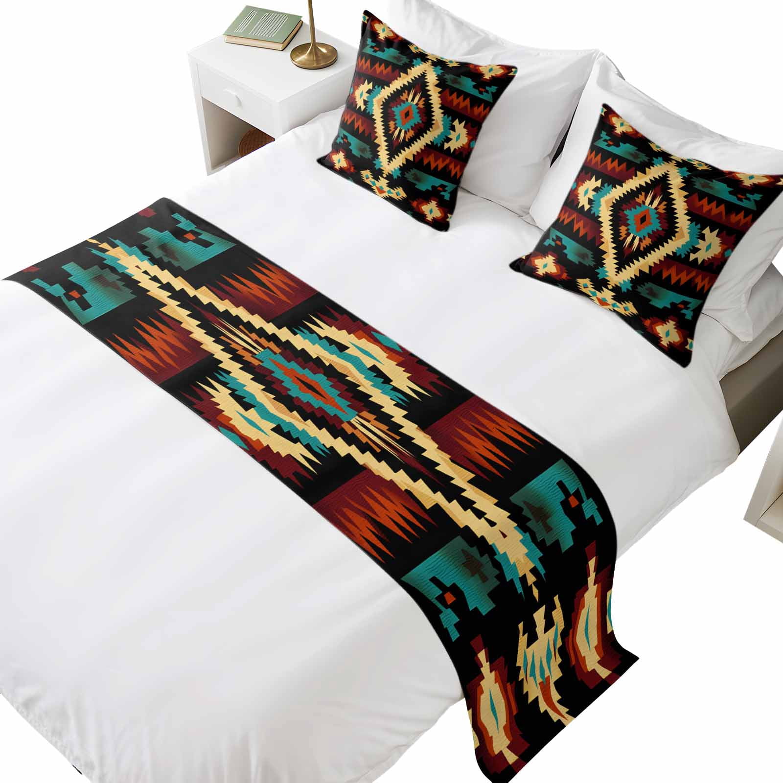 Bed Runner for Queen Size Bed, Boho Orange Teal 3 Pcs Bedding Runner ...