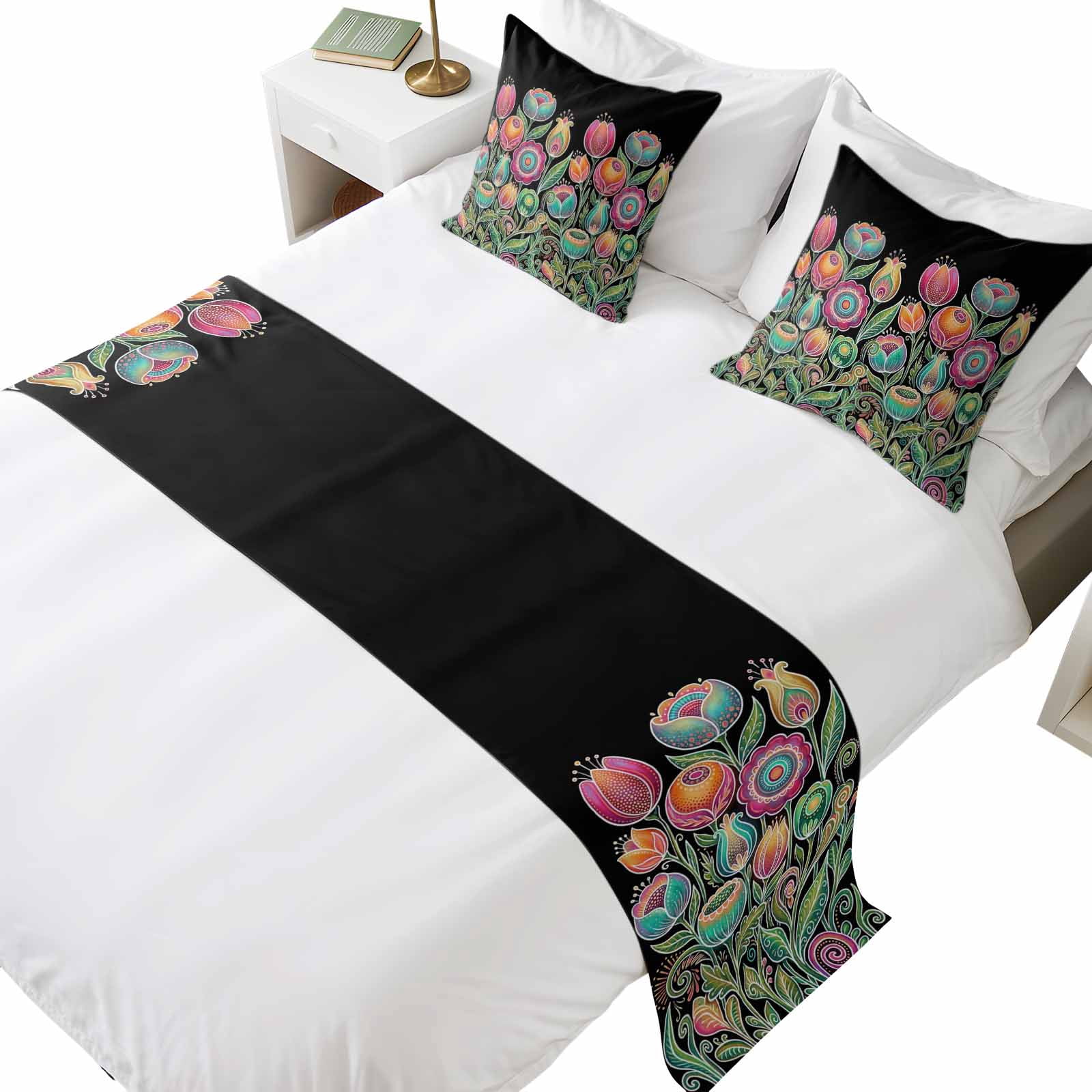 Bed Runner for Queen Size Bed, Boho Tulip Flower 3 Pcs Bedding Runner ...