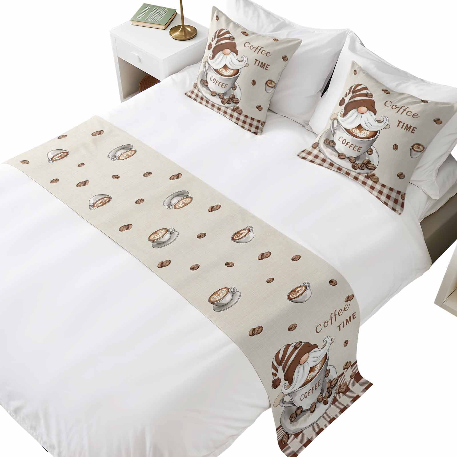 Bed Runner for Queen Size Bed, Coffee Gnomes 3 Pcs Bedding Runner Set ...