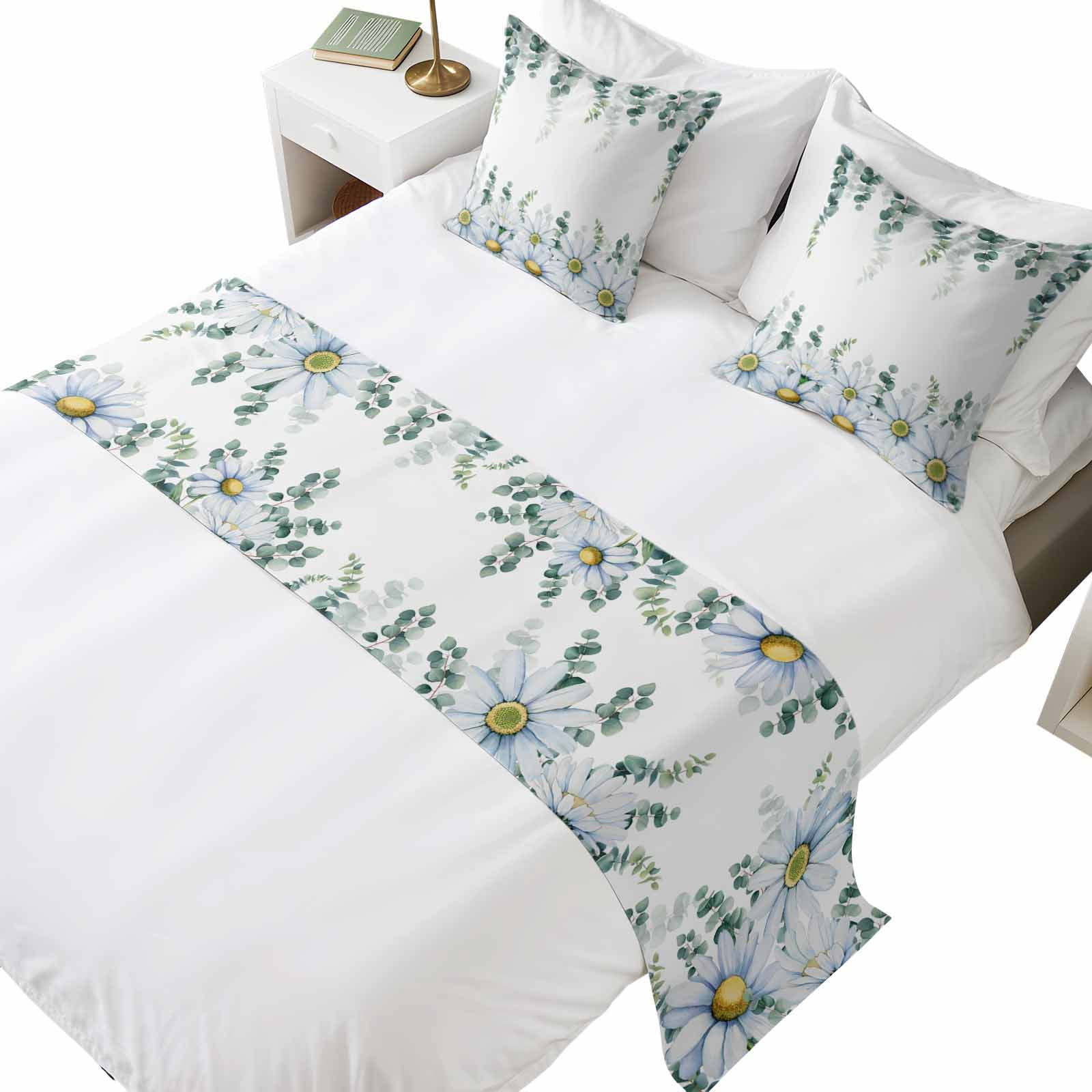 Bed Runner for Queen Size Bed, Daisy Eucalyptus Decorative Beds Runners ...