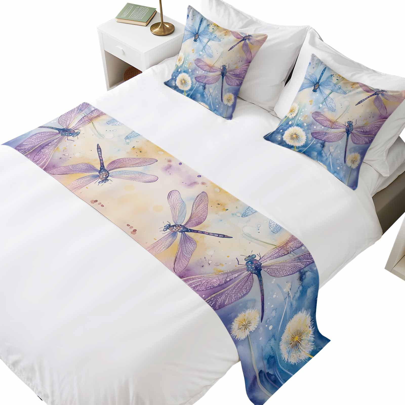 Bed Runner for Queen Size Bed, Dragonfly Flowers 3 Pcs Bedding Runner ...