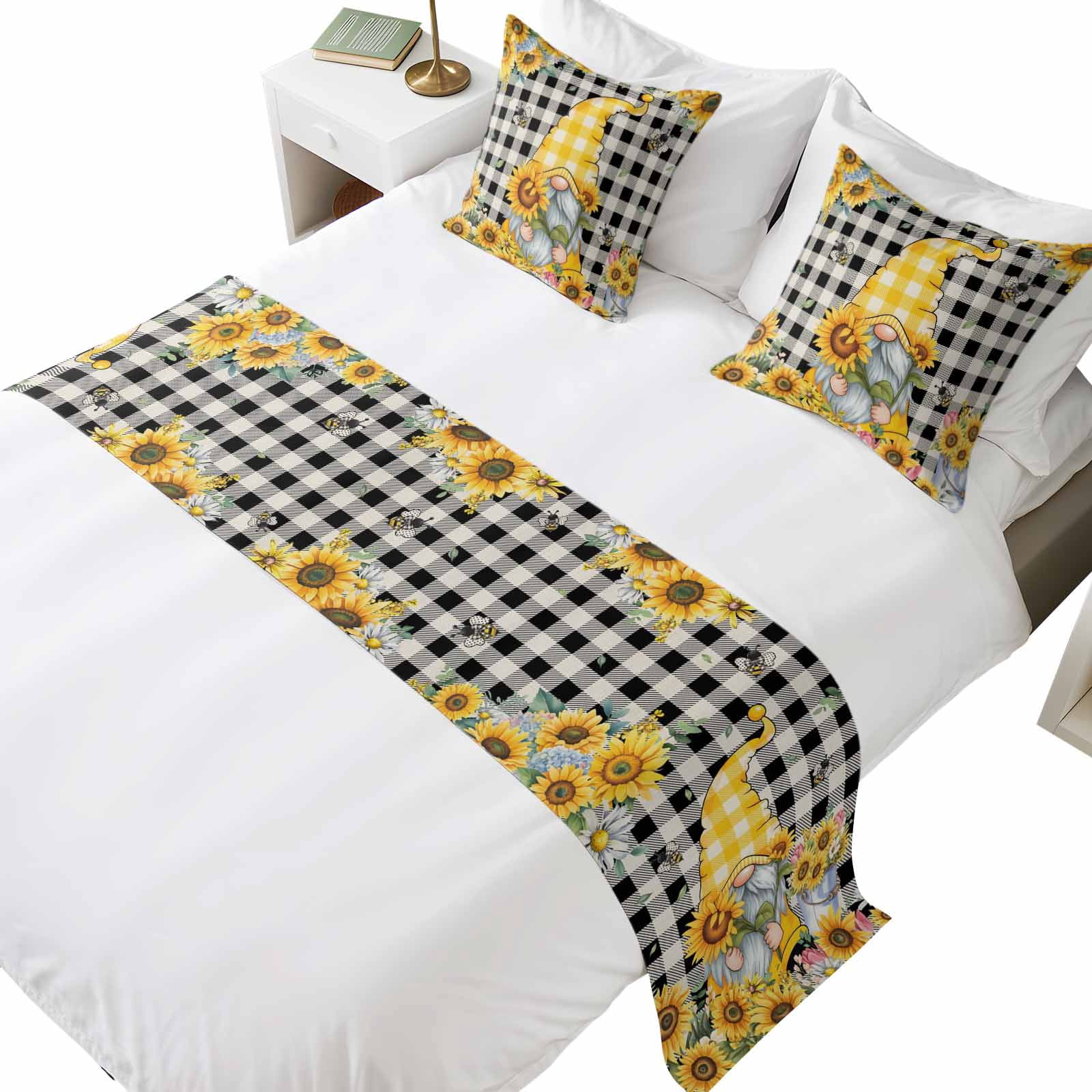 Bed Runner for Queen Size Bed, Gnomes Plaid 3 Pcs Bedding Runner Set ...