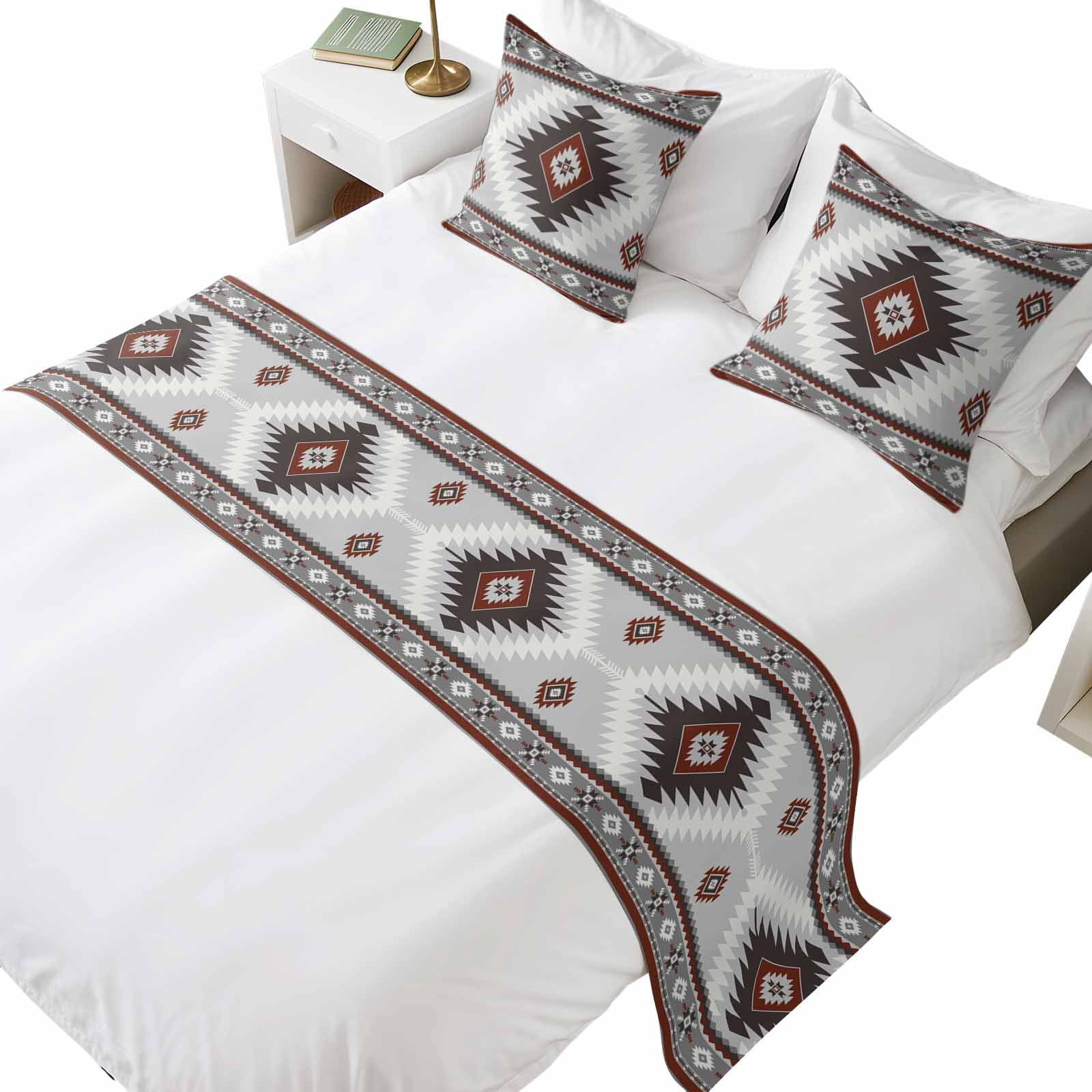 Bed Runner for Queen Size Bed, Gray Red Boho 3 Pcs Bedding Runner Set ...