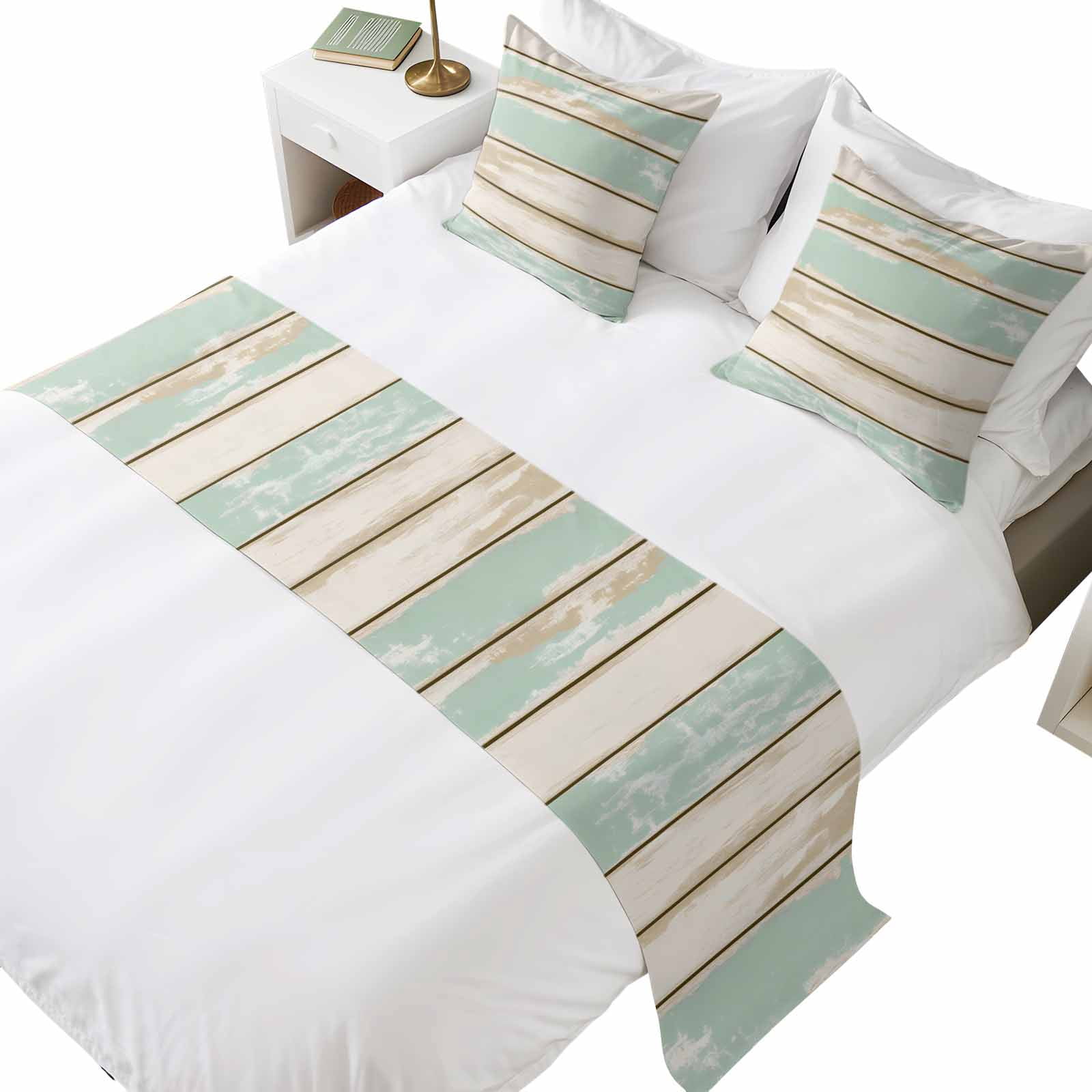 Bed Runner for Queen Size Bed, Green Beige Striped Decorative Beds ...