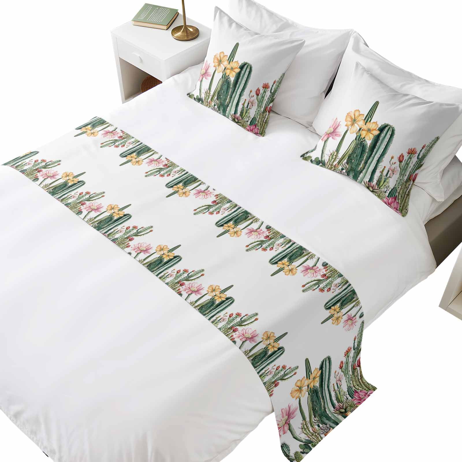 Bed Runner for Queen Size Bed, Green Cactus 3 Pcs Bedding Runner Set ...