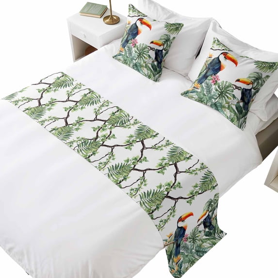 Bed Runner for Queen Size Bed, Green Leaves Birds 3 Pcs Bedding Runner ...
