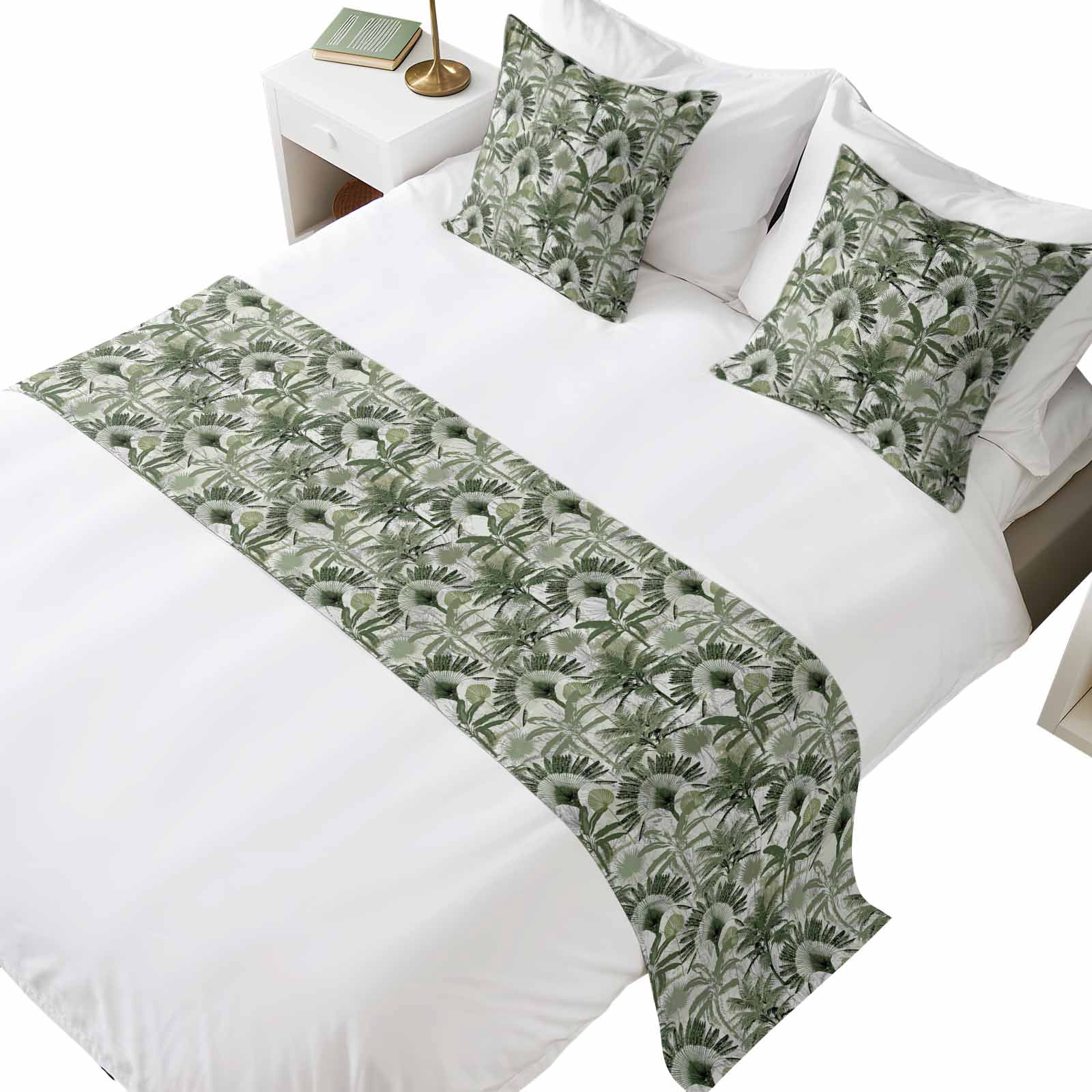 Bed Runner for Queen Size Bed, Green Tropical Leaves 3 Pcs Bedding ...