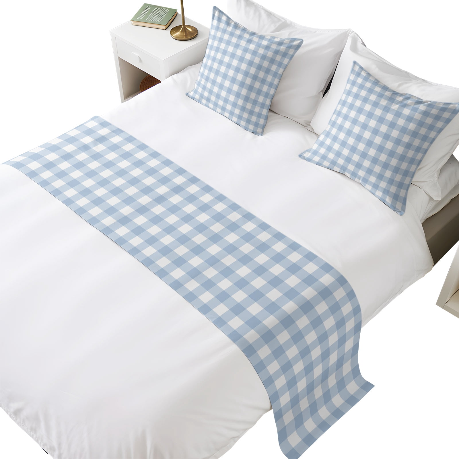 Bed Runner for Queen Size Bed, Light Blue Plaid 3 Pcs Bedding Runner ...
