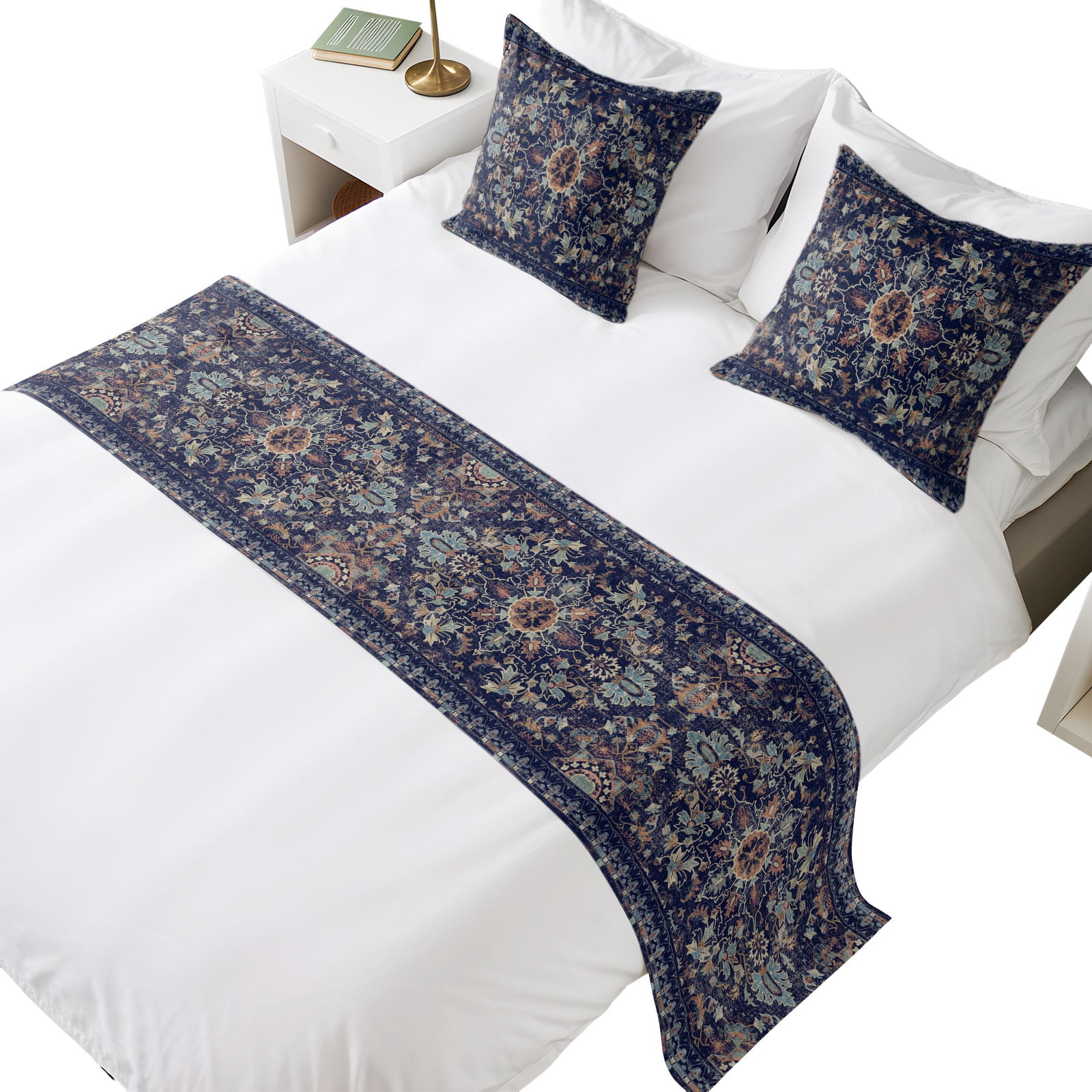 Bed Runner for Queen Size Bed, Navy Blue Boho 3 Pcs Bedding Runner Set ...