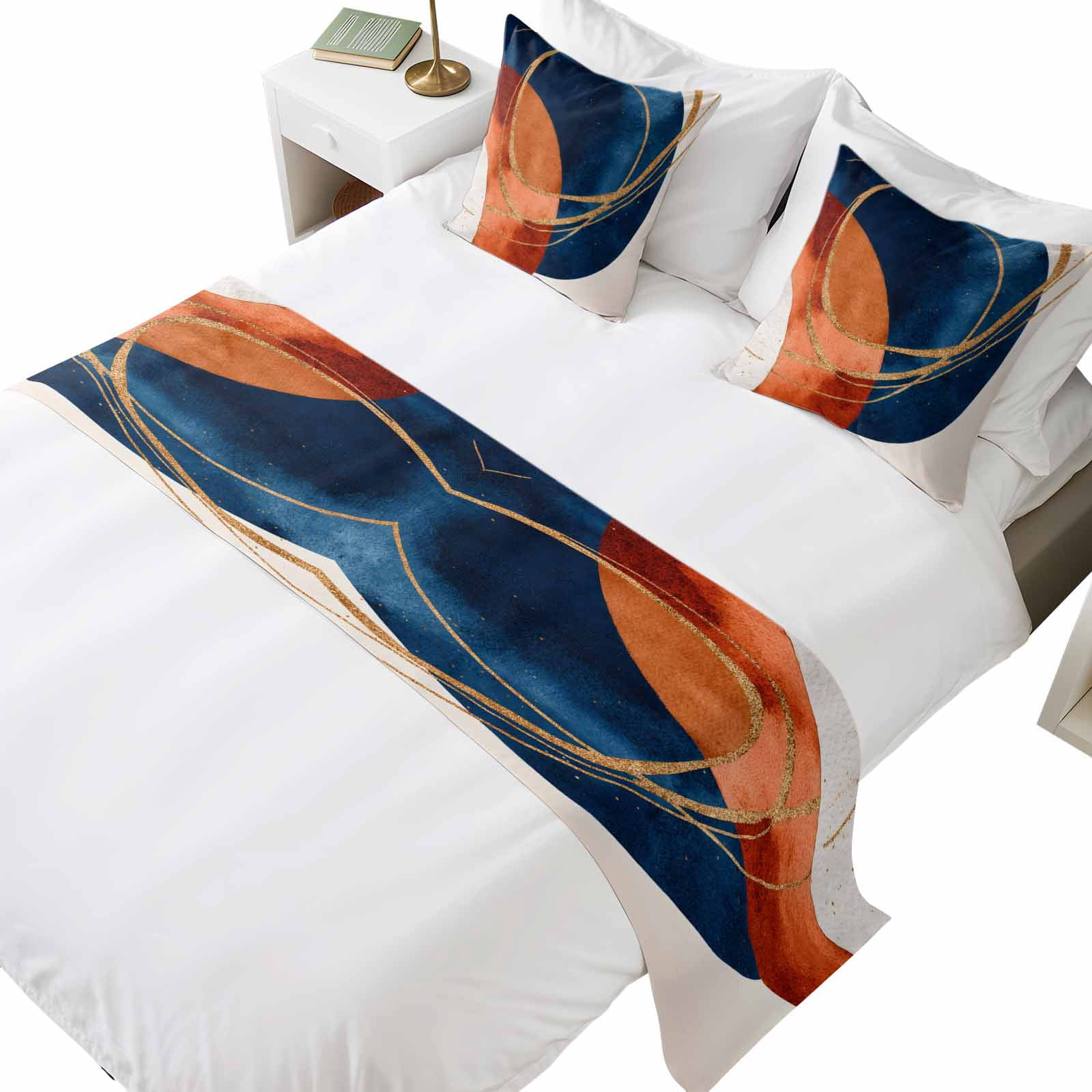 Bed Runner for Queen Size Bed, Navy Blue Burnt Orange 3 Pcs Bedding ...