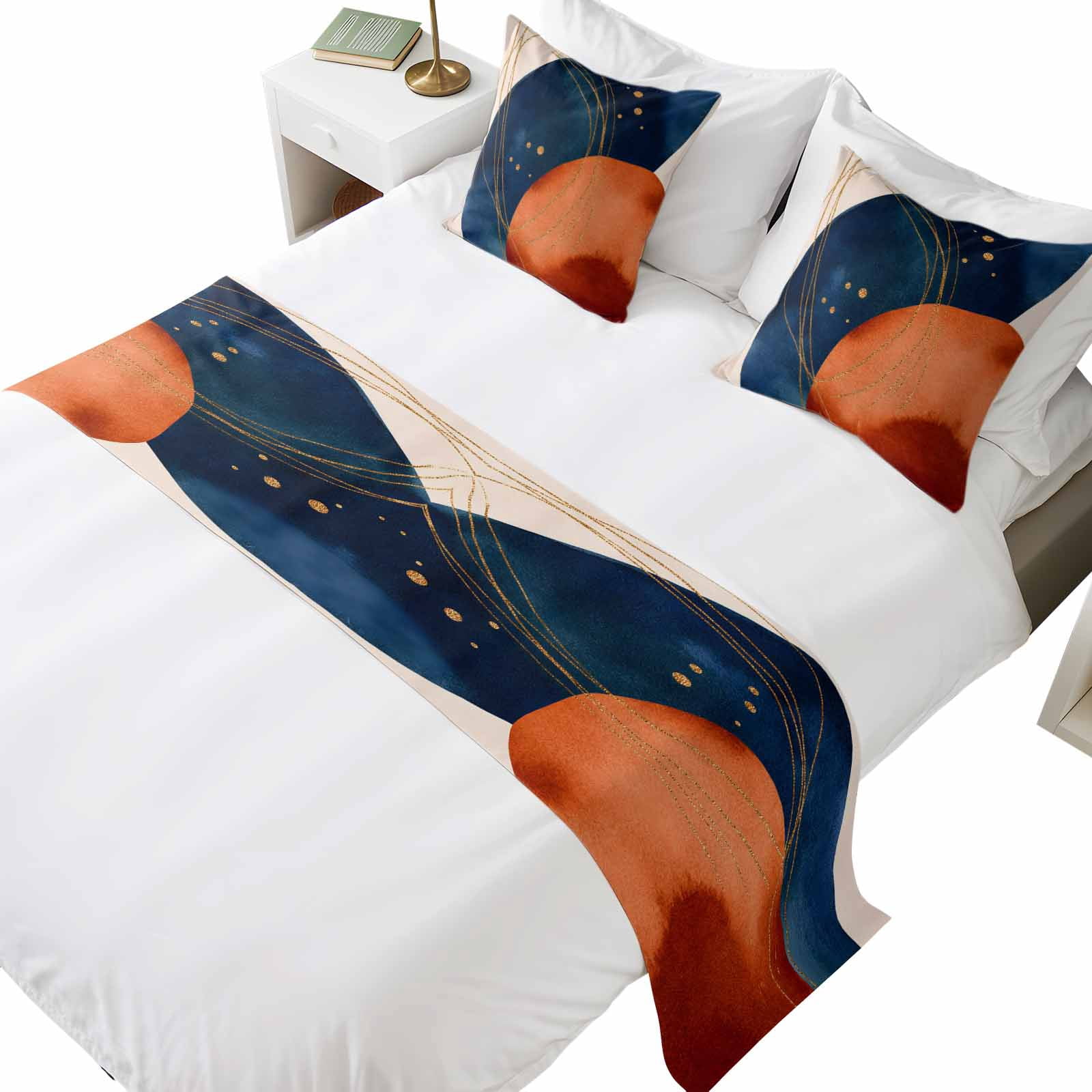 Bed Runner for Queen Size Bed, Navy Blue Burnt Orange 3 Pcs Bedding ...