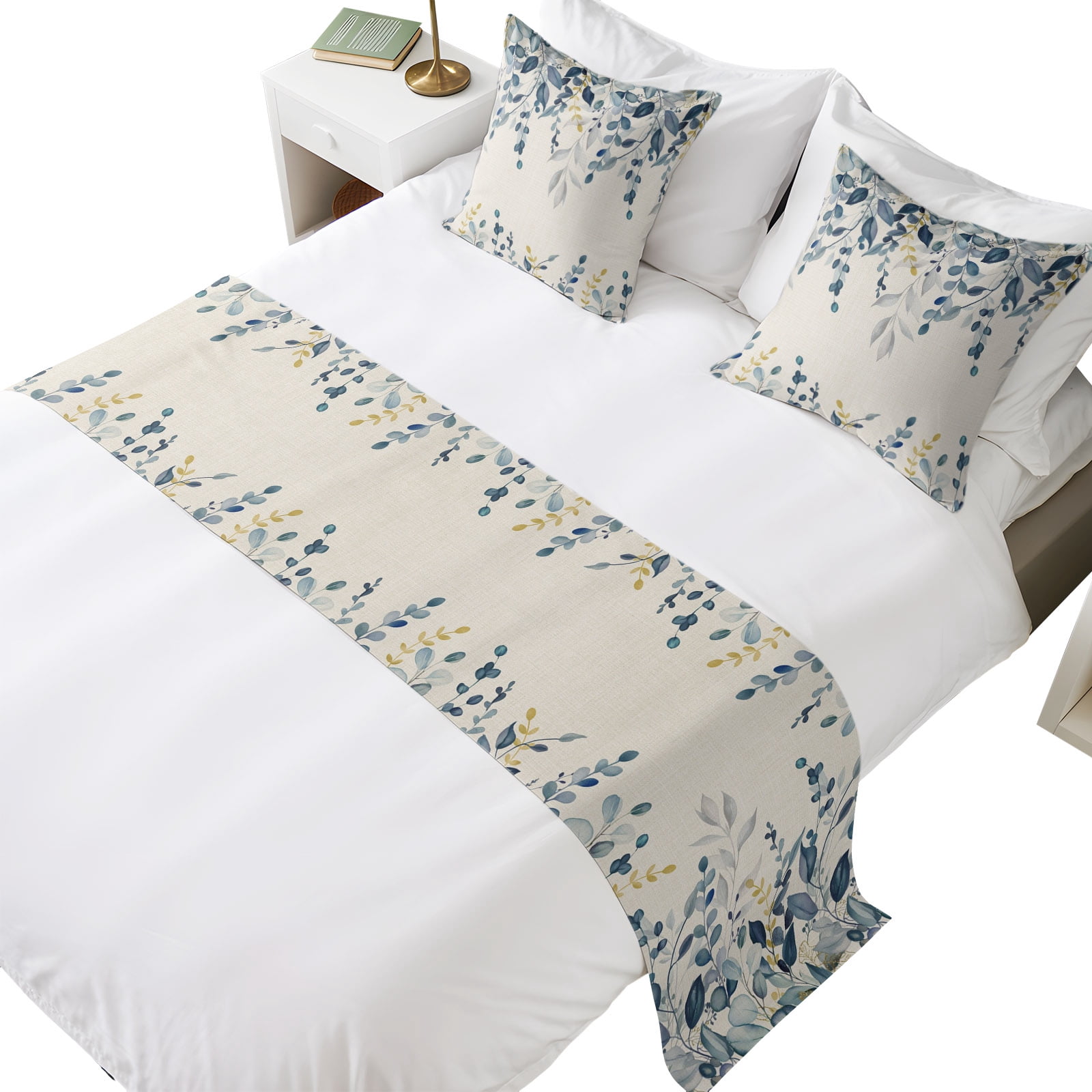 Bed Runner for Queen Size Bed, Navy Blue Eucalyptus 3 Pcs Bedding ...