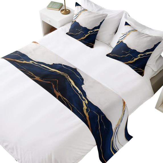 Bed Runner for Queen Size Bed, Navy Blue Marble 3 Pcs Bedding Runner ...