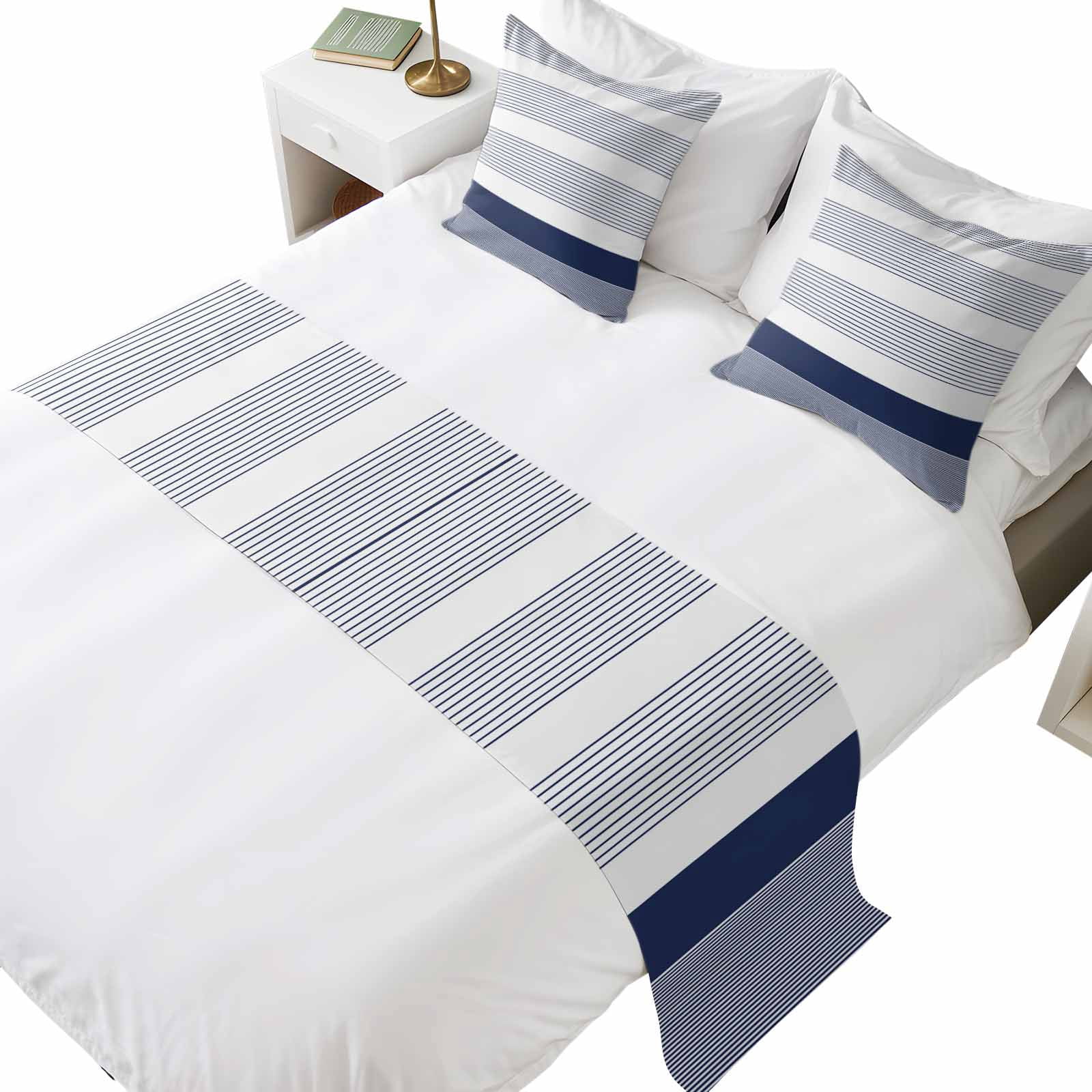 Bed Runner for Queen Size Bed, Navy Blue Stripe 3 Pcs Bedding Runner ...