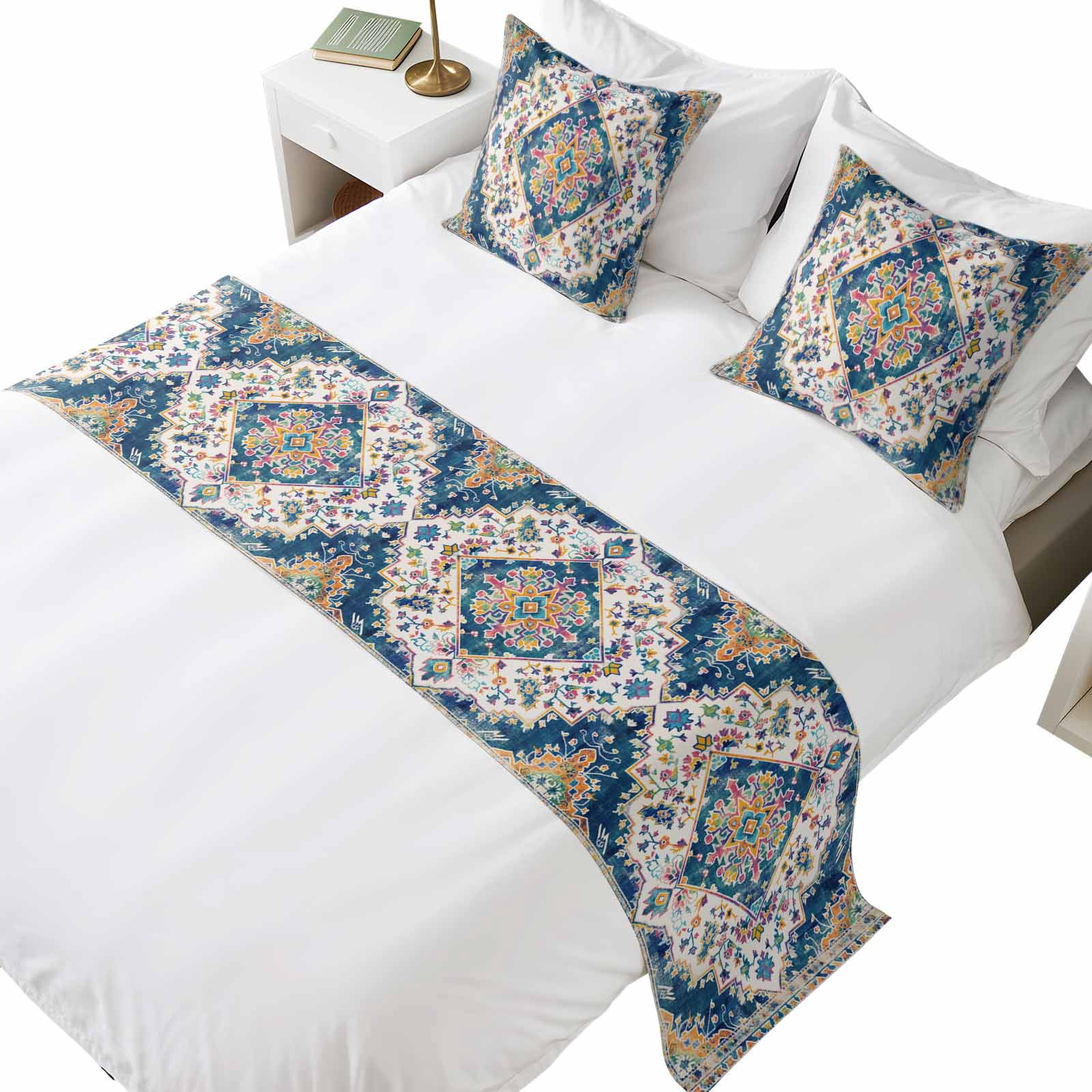 Bed Runner for Queen Size Bed, Navy Blue Yellow 3 Pcs Bedding Runner ...